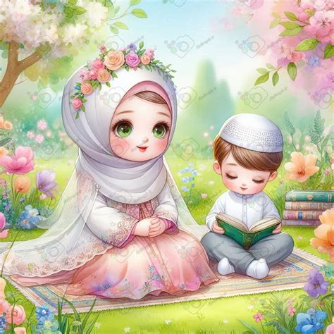 بک گراند کودکانه پسر کوچولوی ناز در حال قرآن خواندن و دختر ناز با حجاب