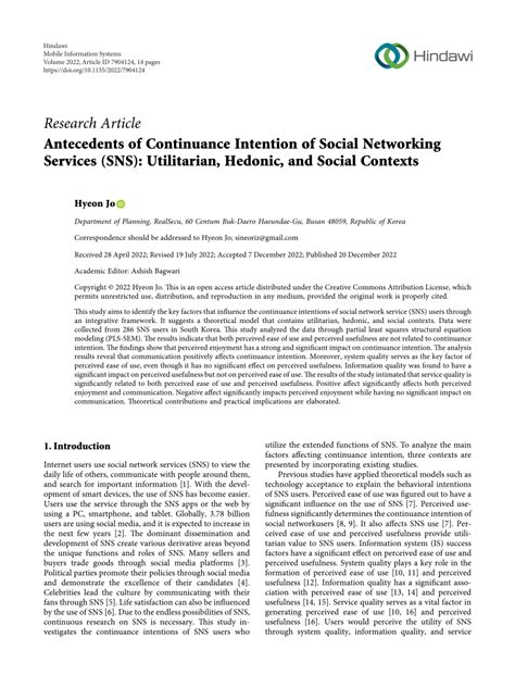 Pdf Antecedents Of Continuance Intention Of Social Networking Services Sns Utilitarian