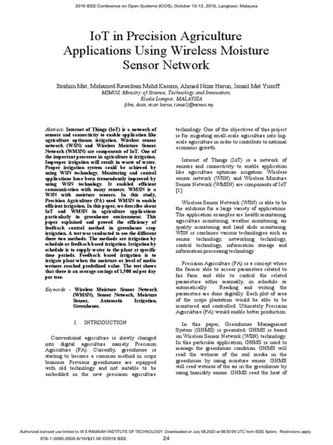 Iot In Precision Agriculture Applications Using Wireless Moisture Sensor Network Pdf