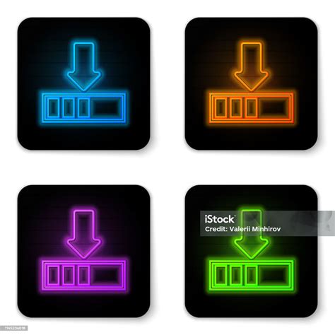 빛나는 네온 로딩 아이콘 흰색 배경에 고립 다운로드가 진행 중입니다 진행률 표시줄 아이콘입니다 검은색 사각형 단추입니다 벡터
