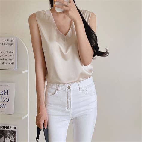 여성 이너 슬리브리스 여자 나시티 실크 브이넥 민소매 레이어드 나시 3color