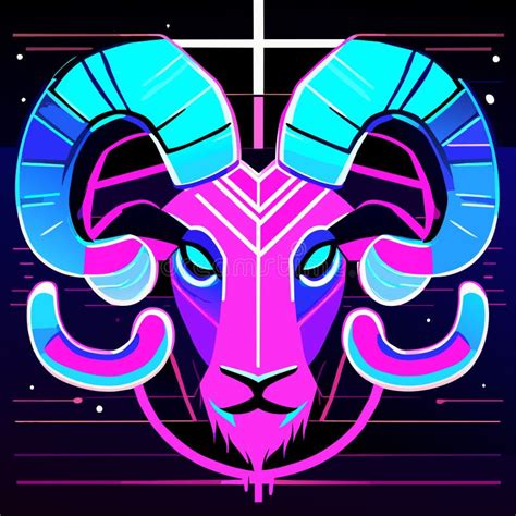 Head Of A Ram With Horns Vector Illustration In Neon Style Stock Vector Illustration Of