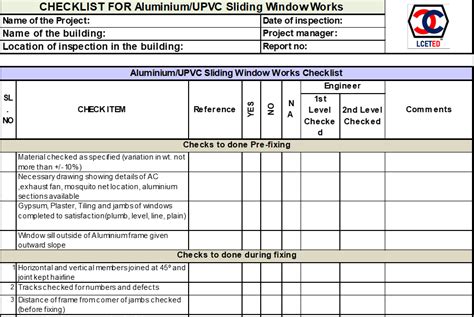 Upvcaluminium Sliding Window Works Checklist Excel Sheet Lceted