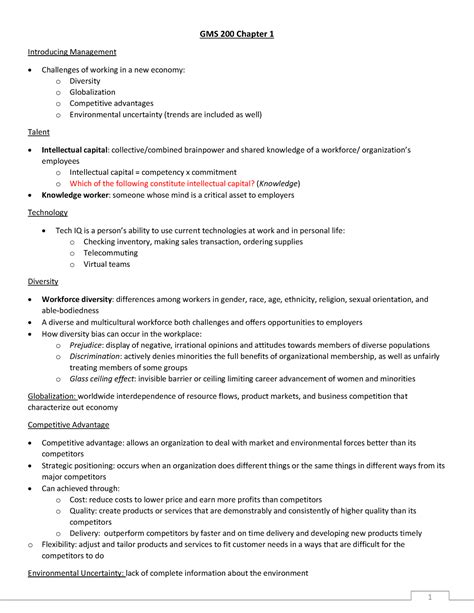 Gms 200 Chapter 1 Notes Introducing Management Challenges Of Working In A New Economy O