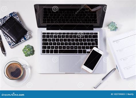 Styled Workspace With Laptop Stock Image Image Of Coffee Phone