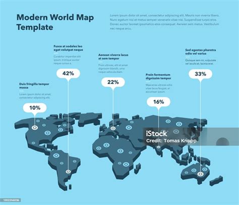 화려한 포인터 마크와 현대 3d 세계지도 인포 그래픽 템플릿 파란색 버전 세계지도에 대한 스톡 벡터 아트 및 기타 이미지 세계지도 퍼센트 기호 지도 Istock