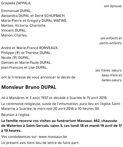 Avis De Décès De Bruno Dupal Décédé Le 15042016 à Suarlée Annonce