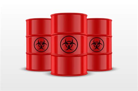 3 벡터 3d 현실적인 빨간색 간단한 광택 에나멜 금속 오일 연료 가솔린 배럴 흰색 배경에 고립 된 검은 생물 학적 기호 이랑 전면 보기에 대 한 포장의 디자인 서식 파일