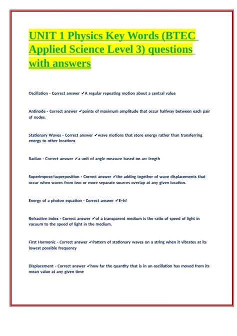 Unit 1 Physics Key Words Btec Applied Science Level 3 Questions With Answers Btec Applied