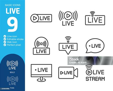 라이브 얇은 선 아이콘 모음입니다 편집 가능한 스트로크 벡터 일러스트 레이 션 웹사이트 디자인 로고 앱 템플릿 Ui 인포그래픽 등을 위한 기본 아이콘 Brand Name
