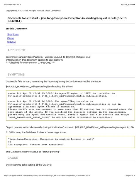 Dbconsole Fails To Start Java Langexception Exception In Sending Request Null Doc Id
