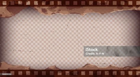 투명한 배경에 오래된 갈색 시네마틱 프레임 긁힌 빈티지 비디오 또는 사진 테이프 그런 지 패턴이있는 복고풍 스타일의 3d 사실적인 화면 골동품 슬라이드 템플릿 벡터 카드