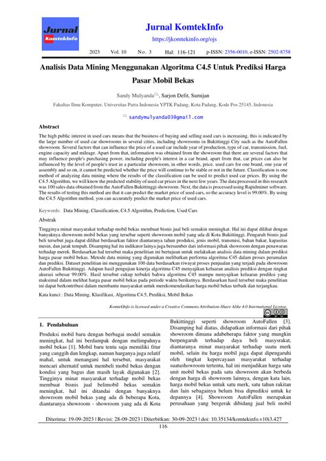 Pdf Analisis Data Mining Menggunakan Algoritma C45 Untuk Prediksi Harga Pasar Mobil Bekas