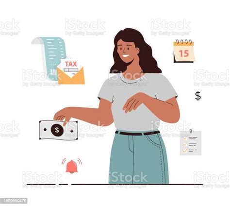 세금 납부일 대출 상환 시간 투자 소득 돈 달력 종 목록 세금 양식 및 송장을 가진 젊은 여성 만화 플랫 벡터 그림입니다 가계에 대한 스톡 벡터 아트 및 기타 이미지