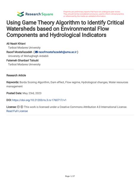 Pdf Using Game Theory Algorithm To Identify Critical Watersheds Based