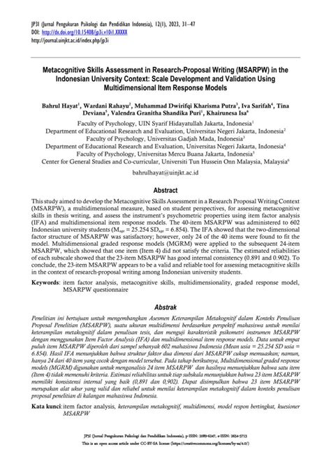 Pdf Metacognitive Skills Assessment In Research Proposal Writing… Tina Deviana