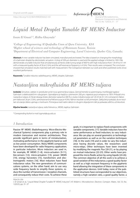 PDF Liquid Metal Droplet Tunable RF MEMS Inductor Nastavljiva Mikrofluidna RF MEMS Tuljava