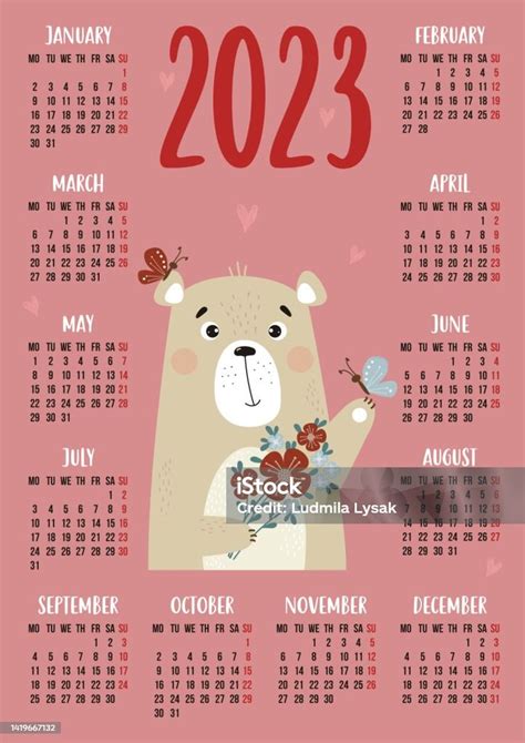 꽃과 나비의 꽃다발과 귀여운 곰과 함께 2023 년 달력 벡터 일러스트레이션 영어로 12 개월 동안 수직 템플릿 주가 월요일에 시작됩니다 0명에 대한 스톡 벡터 아트 및
