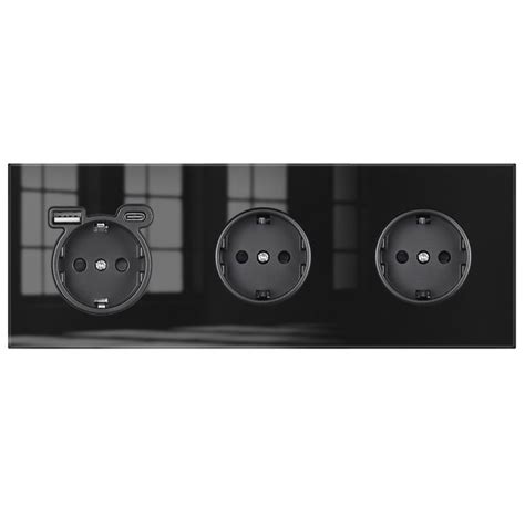 Розетка черная тройная с Usb и Type C входами 3 поста рамка закаленное стекло 224mm 82mm купить