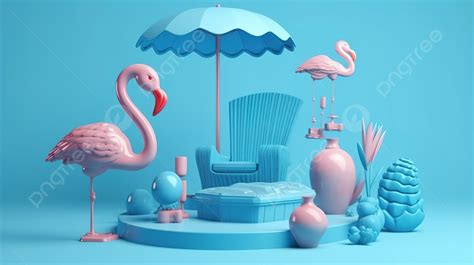 제품 디스플레이 여름 테마 3d 연단 쇼케이스 비치 의자 우산 풍선 블루 플라밍고 및 수영장 여름 연단 3d 제품 화장품
