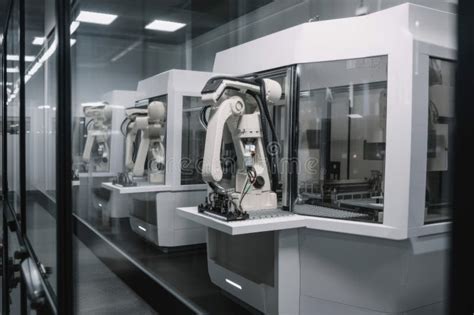 Robotics Factory With Robots Performing Precision 3d Printing And Assembly Processes Stock
