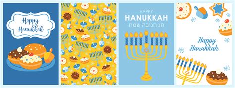 하누카 인사말 카드 디자인 세트에는 메노라 도넛 선물 상자가 있습니다 카드 포스터 및 배경에 대한 유치한 인쇄 벡터 일러스트 레이 션 0명에 대한 스톡 벡터 아트 및 기타