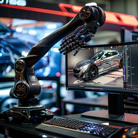 Robotic Arm And Computer Display In Automotive Design Environment Premium Ai Generated Image