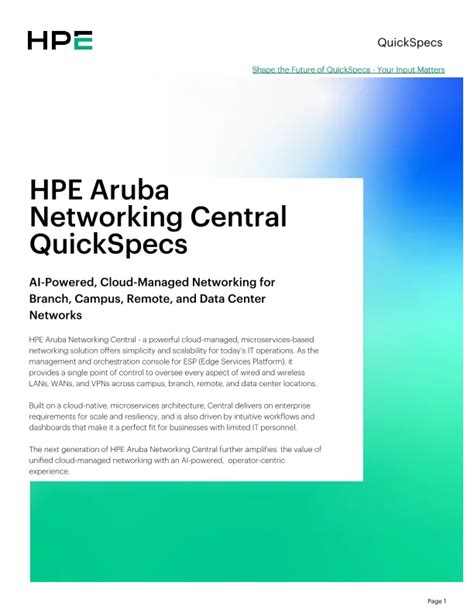 Hpe Aruba Networking Central Switch Class 1 Foundation 3 Year Subscription E Stu Data Sheet