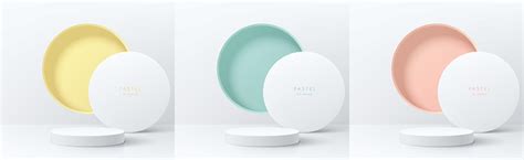 노란색 녹색 파스텔 핑크 세트와 사실적인 흰색 3d 실린더 받침대 연단이있는 원 창에 있습니다 벡터 기하학적 형태 추상적 인