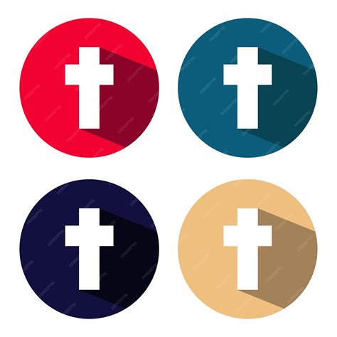 컬러 기독교 십자가 아이콘 세트 긴 그림자 벡터 일러스트와 함께 흰색 기독교 십자가 라운드 버튼에 기독교 십자가 프리미엄 벡터