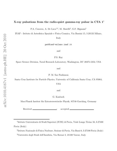 Pdf X Ray Pulsations From The Radio Quiet Gamma Ray Pulsar In Cta 1