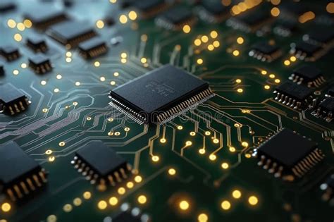 Close Up View Of A Microchip On A Circuit Board With Glowing Connections Stock Illustration