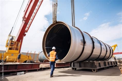 Chemical Industry Plant Workers In Work Clothes Using A Crane To Lift And Transport Large Metal