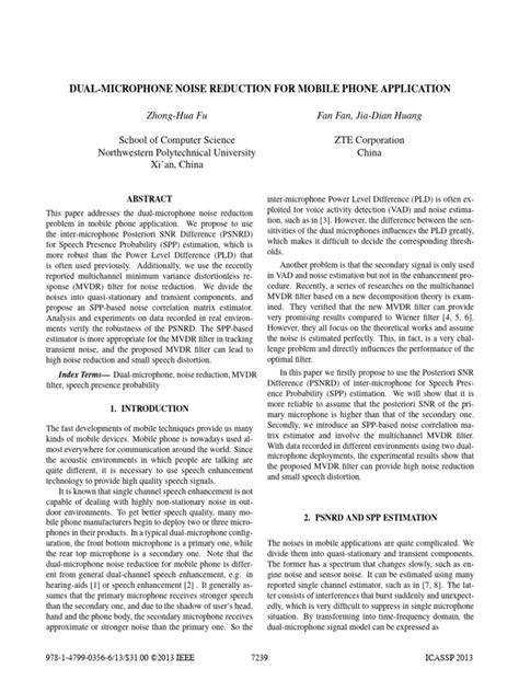 Dual Microphone Noise Reduction For Mobile Phone Application Pdf Signal To Noise Ratio