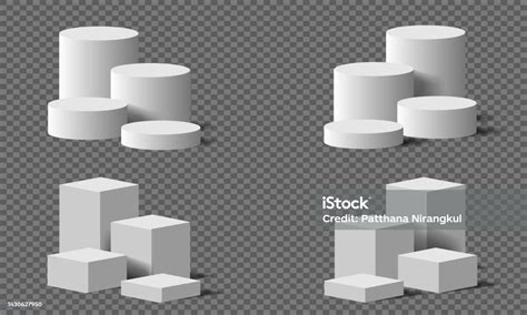 회색 체크 무늬 투명 배경 벡터에 설정된 사실적인 흰색 원 사각형 단계 강단에 대한 스톡 벡터 아트 및 기타 이미지 강단 3차원 형태 개체 그룹 Istock