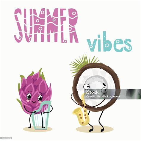 재미있는 캐릭터의 벡터 일러스트레이션 만화 피타하야 피타하야 드래곤 과일은 플루트를 연주하고 코코넛은 색소폰을 연주합니다 레터링 여름 분위기 건강한 생활방식에 대한 스톡