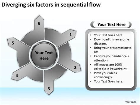Diverging Six Factors Sequential Flow Circular Layout Chart PowerPoint Templates