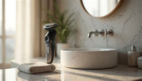 Modern Electric Shaver On Bathroom Countertop Close Up Of Razor
