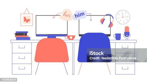 집에서 젊은 부부의 직장 여자와 남자의 바탕 화면입니다 모니터 머그잔 의자 개인 물품 벡터 플랫 일러스트레이션입니다 0명에 대한 스톡 벡터 아트 및 기타 이미지 Istock