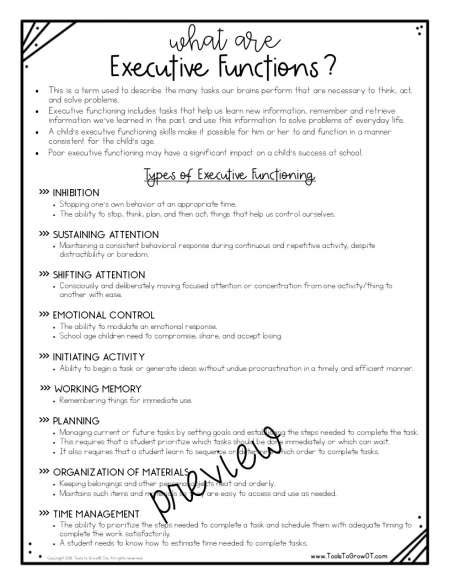 Executive Functioning Therapy Resources Tools To Grow Inc