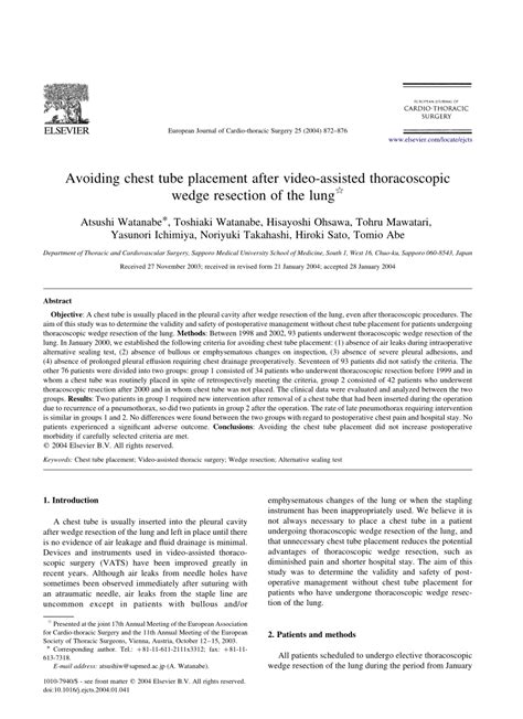 Pdf Avoiding Chest Tube Placement After Video Assisted Thoracoscopic Wedge Resection Of The Lung