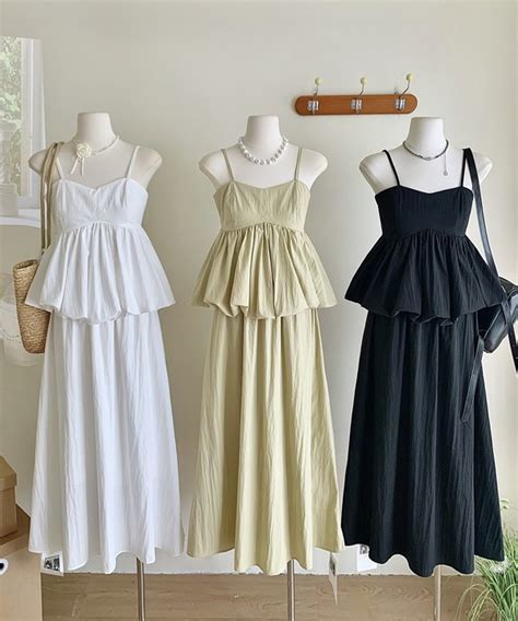 포앤바이앤 뷔스티에 블라우스 스커트 투피스 스트랩 하트넥 끈나시 하이웨스트 플레어 단색 스모크 밴딩 벌룬 탑 And 허리밴딩 셔링 A라인 롱치마 상하세트 셋업 신혼