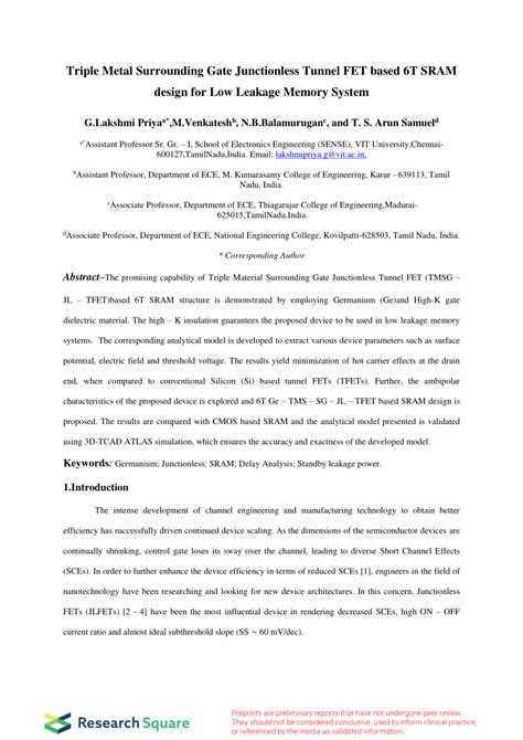 Pdf Triple Metal Surrounding Gate Junctionless Tunnel Fet Based 6t Sram Design For Low Leakage
