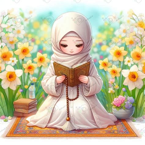بک گراند کودکانه دختر ناز با حجاب در حال قرآن خواندن در باغ گلهای نرگس کد 42131 ویژه عکس گراف