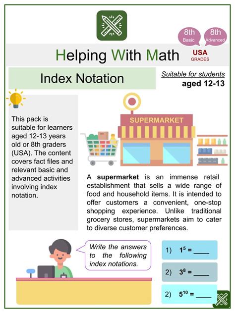 Index Notation Supermarket Themed Math Worksheets Age 12 13