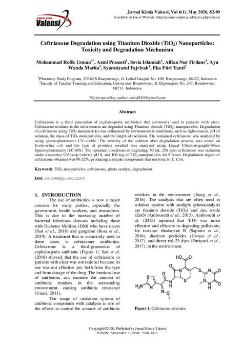 Pdf Ceftriaxone Degradation By Titanium Dioxide Tio2 Nanoparticles Toxicity And Degradation