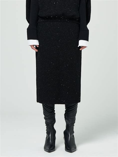 준지 스팽글 니트 미디 스커트 블랙 위시버킷