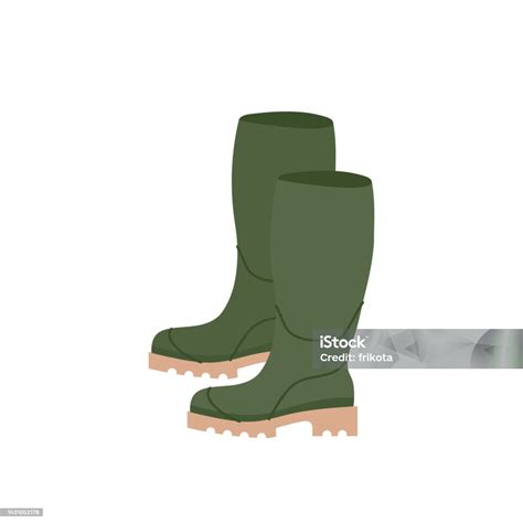 비와 가을을위한 녹색 고무 부츠 한 켤레 방수 부츠는 격리되어 있습니다 벡터 일러스트 레이 션 평면 디자인 잭부츠에 대한 스톡 벡터 아트 및 기타 이미지 Istock