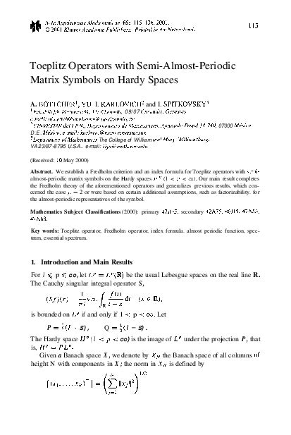 Pdf Toeplitz Operators With Semi Almost Periodic Matrix Symbols On Hardy Spaces Ilya