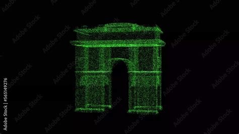 Stockvideo 3d Arc De Triomphe Rotates On Black Background Object Consisting Of Green Flickering
